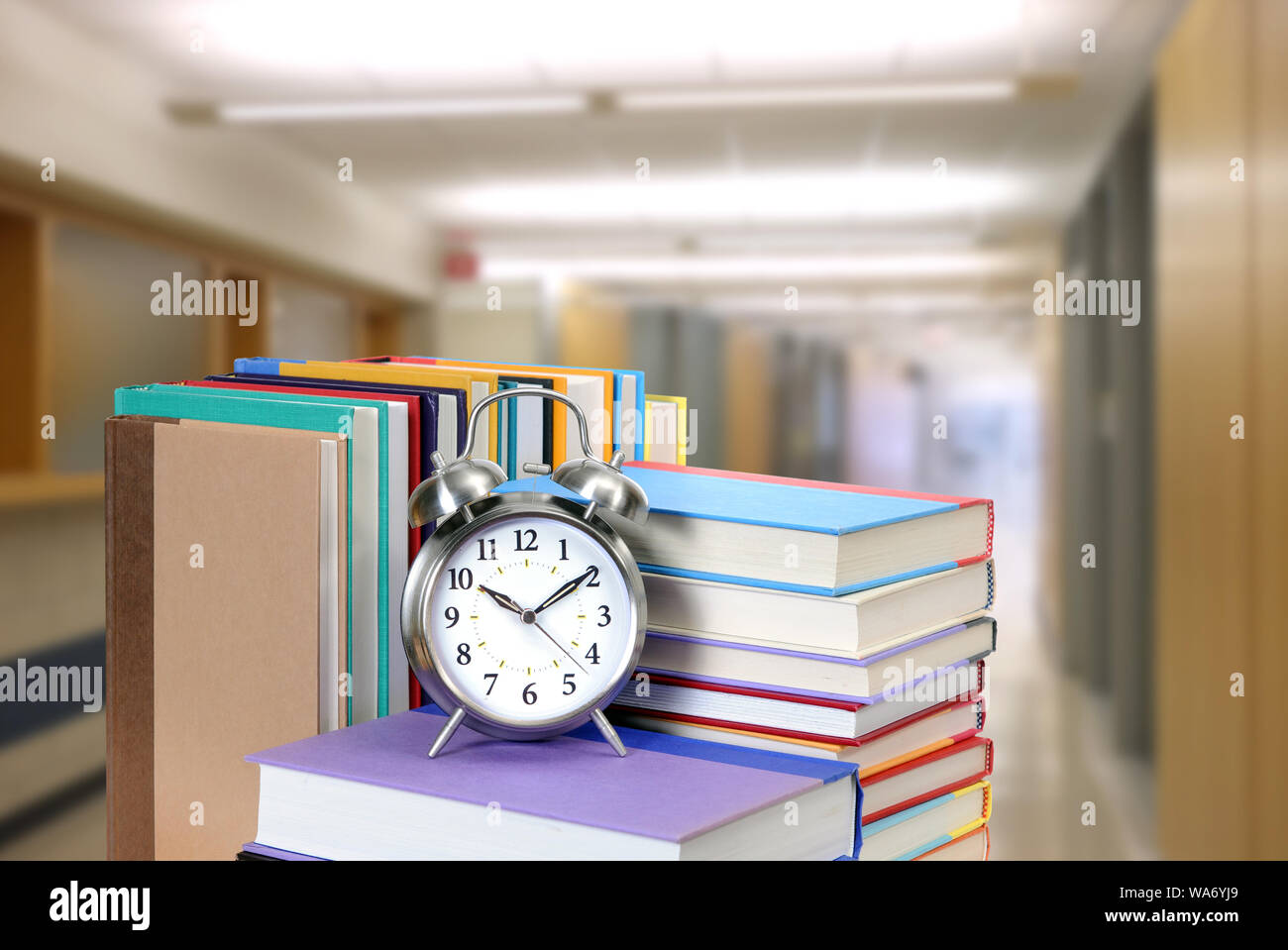 very blurry school hall background and book for education concept Stock ...