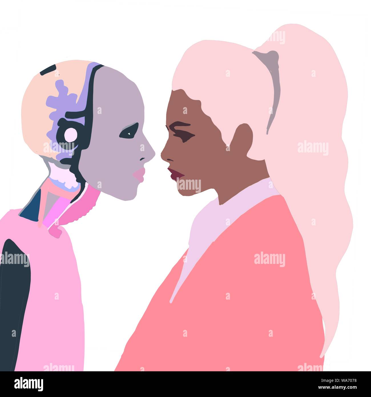 Illustration of beautiful woman cyborg face from side. Half human and ...