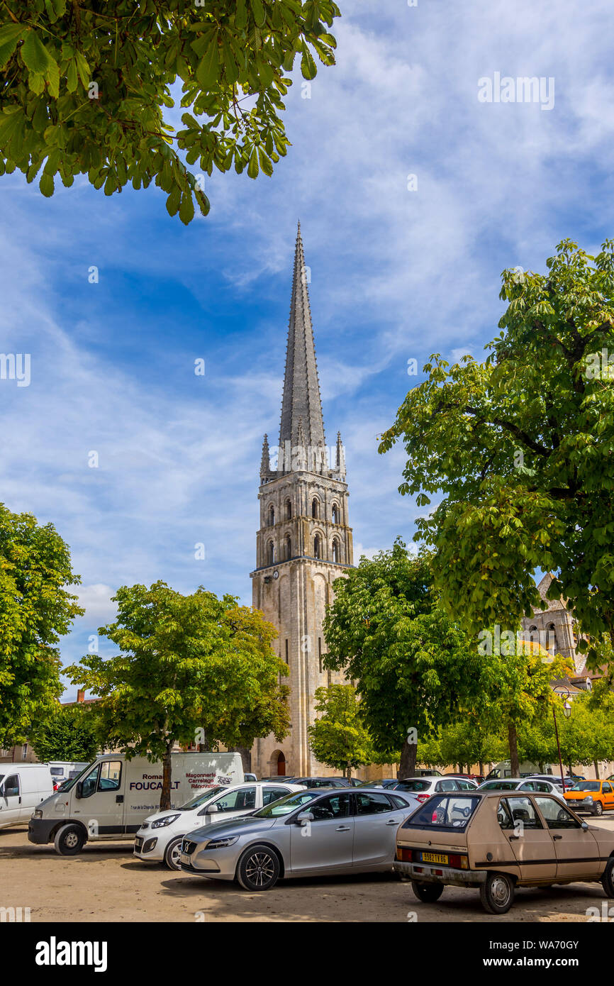 Abbey church of Saint Savin from town centre car park, Vienne, France ...