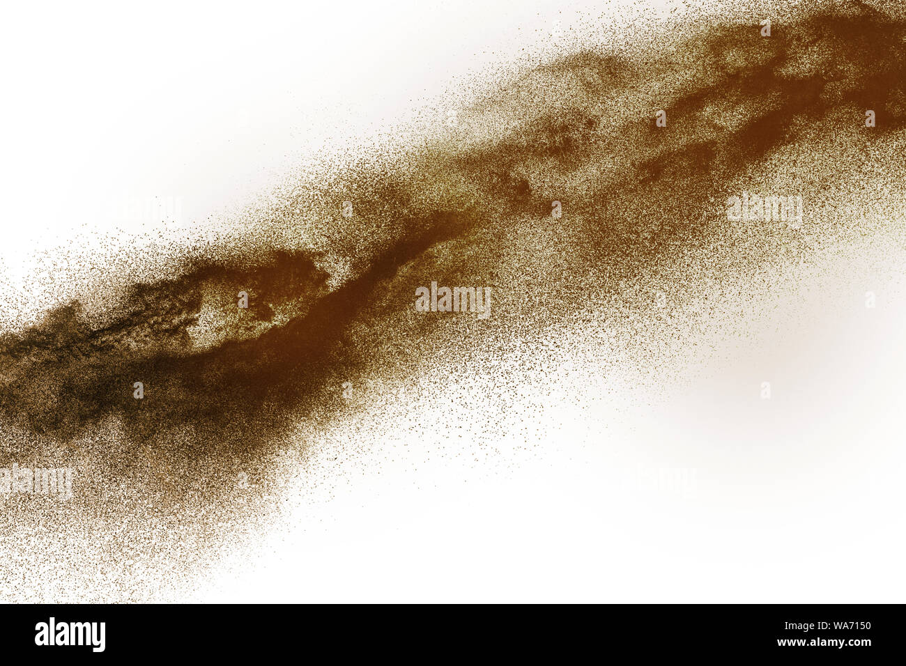 Deep Brown particles splattered on white background. Brown dust splash ...
