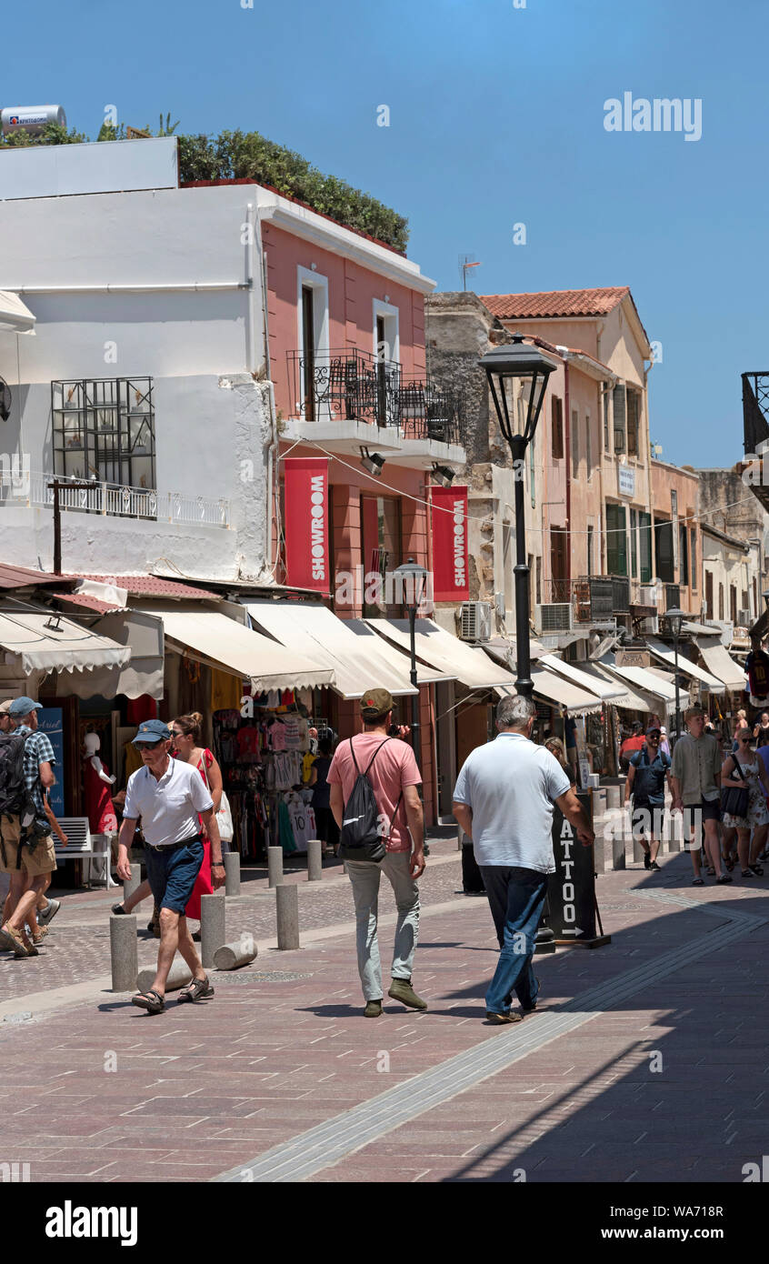 Chania, Crete, Greece. June 2019. Tourists mingle with locals in Chania ...