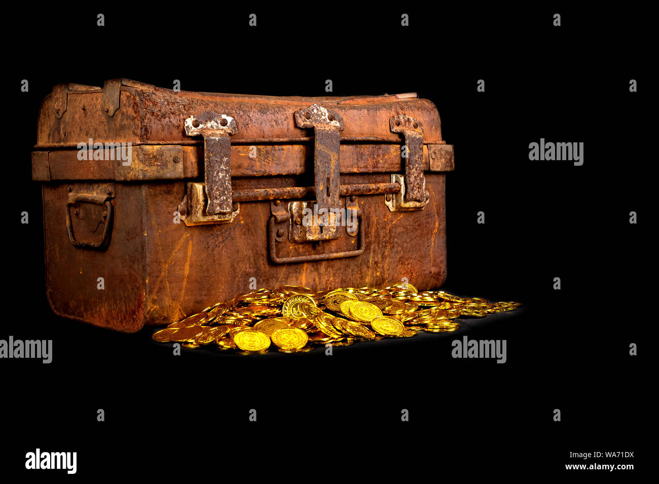 Stacking Gold Coin in treasure chest on black background Stock Photo ...