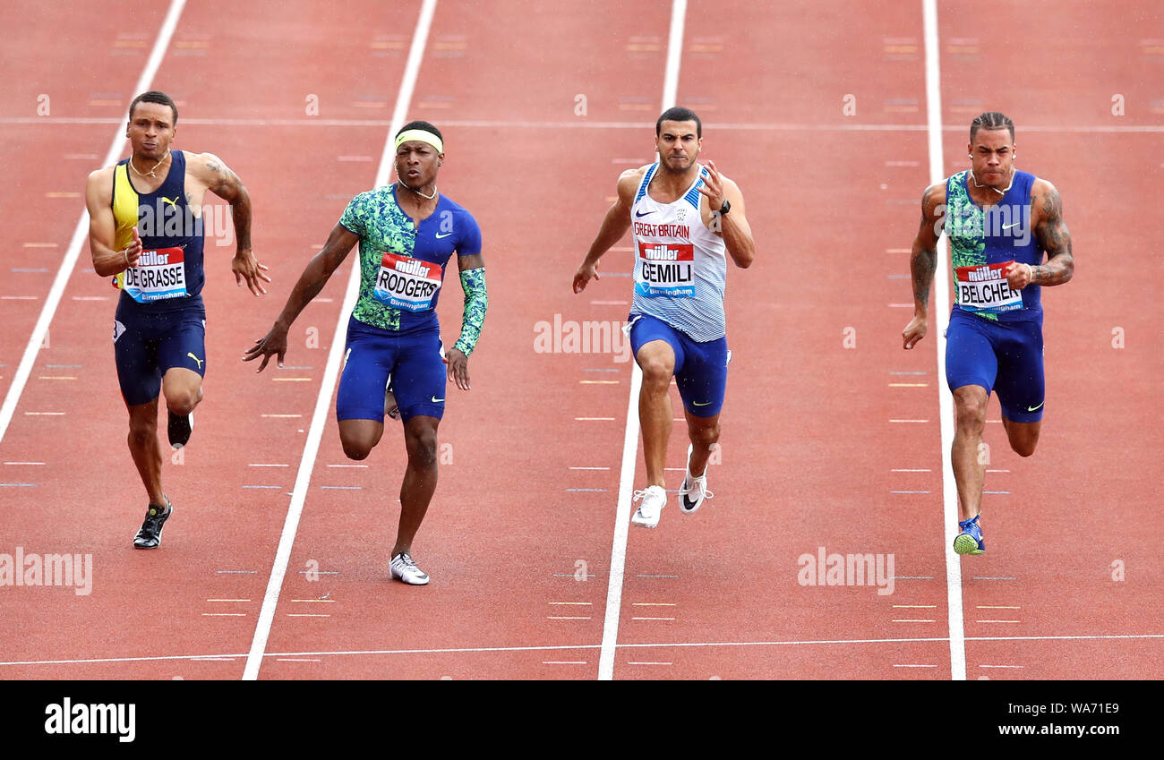 (From left to right) Canada's Andre De Grasse, USA's Michael Rodgers ...