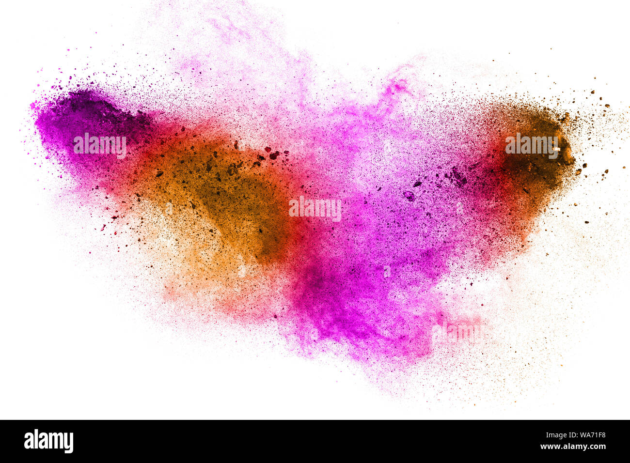 abstract multicolored dust splatter on white background.Freeze motion ...