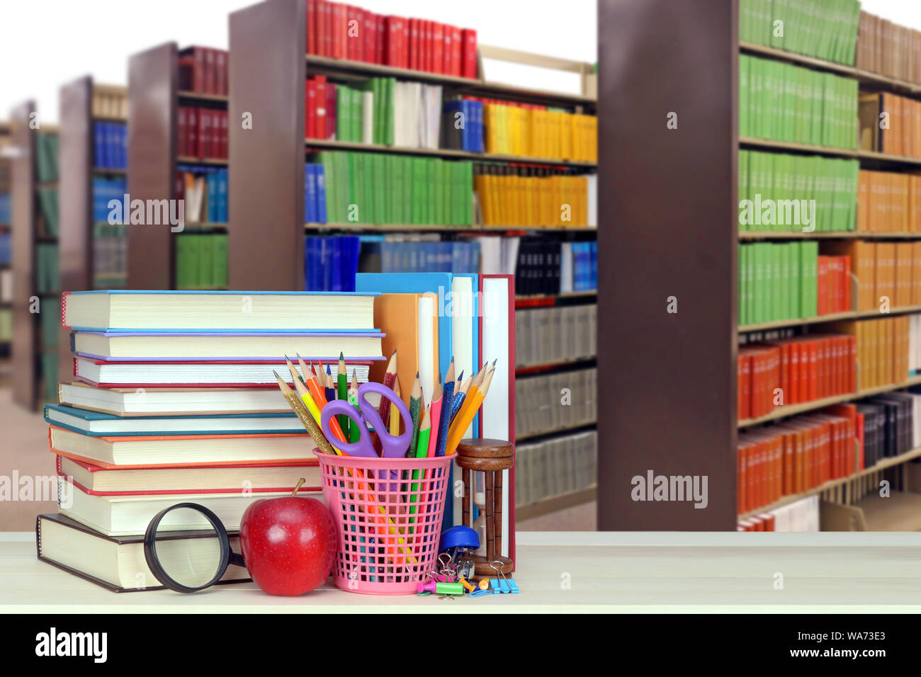 library, book, supply, and education concept Stock Photo - Alamy