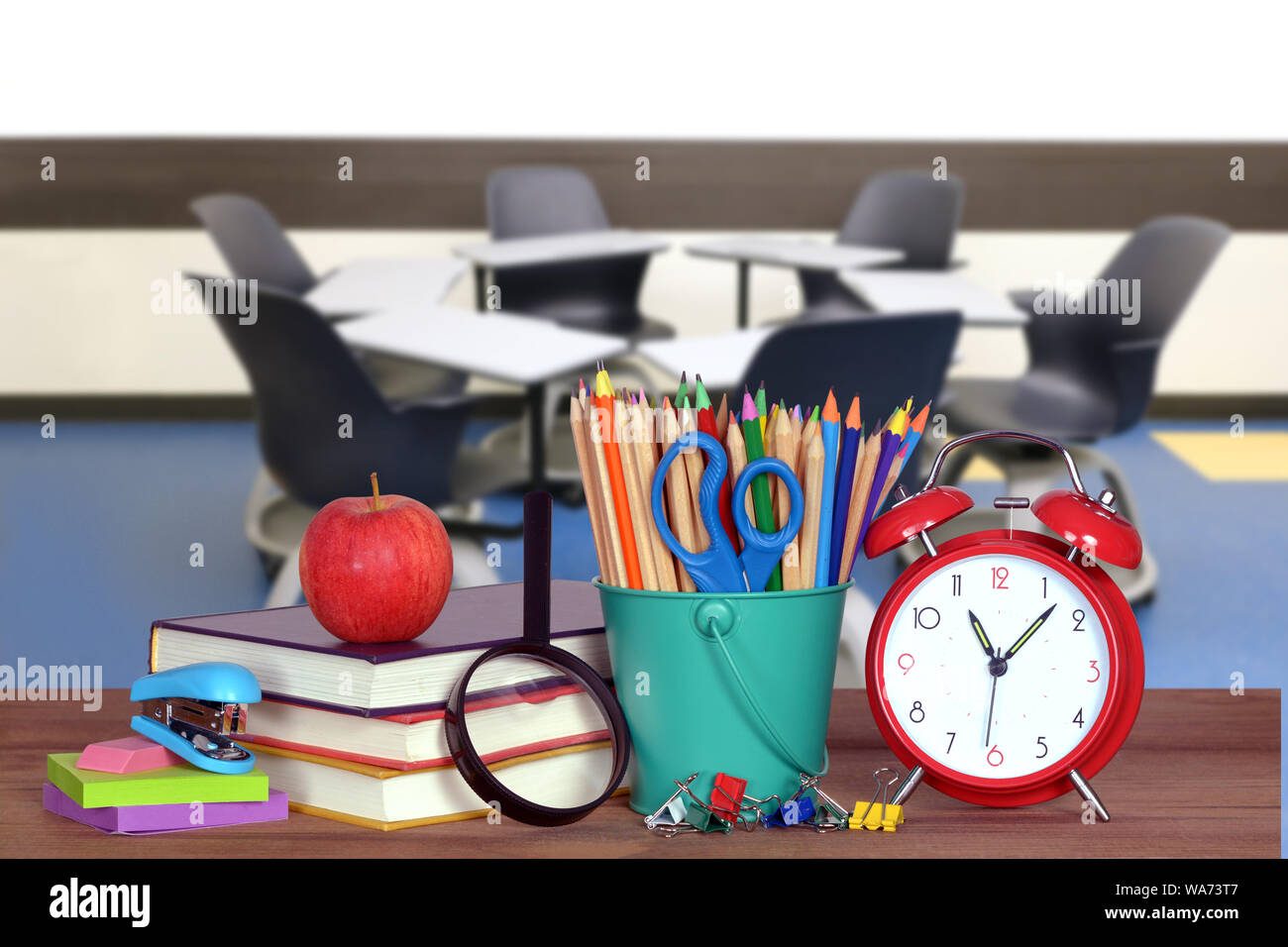 Circle table and chair in empty classroom for education concept Stock ...