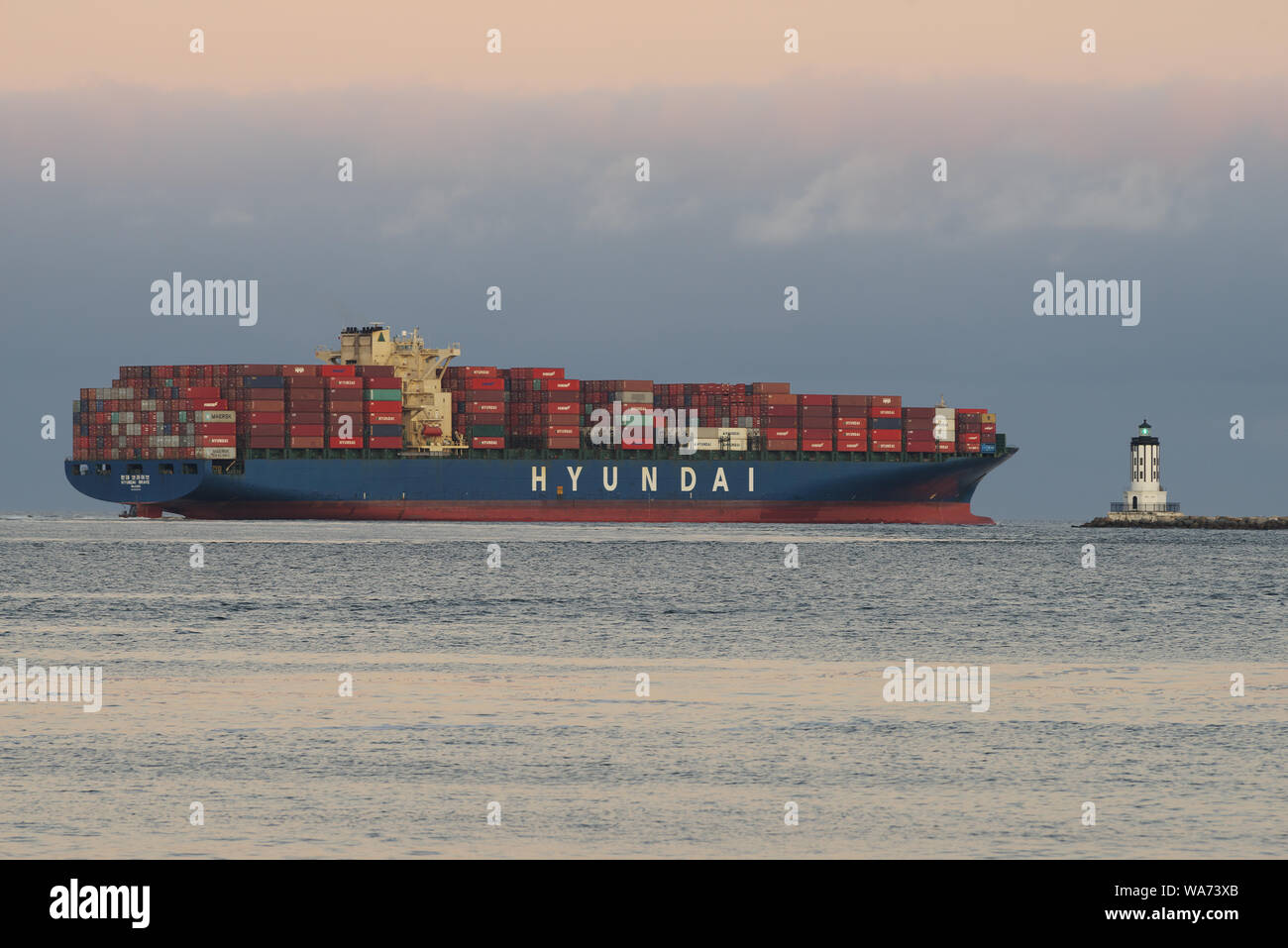 Hyundai Brave container ship shown departing the Port of Los Angeles ...