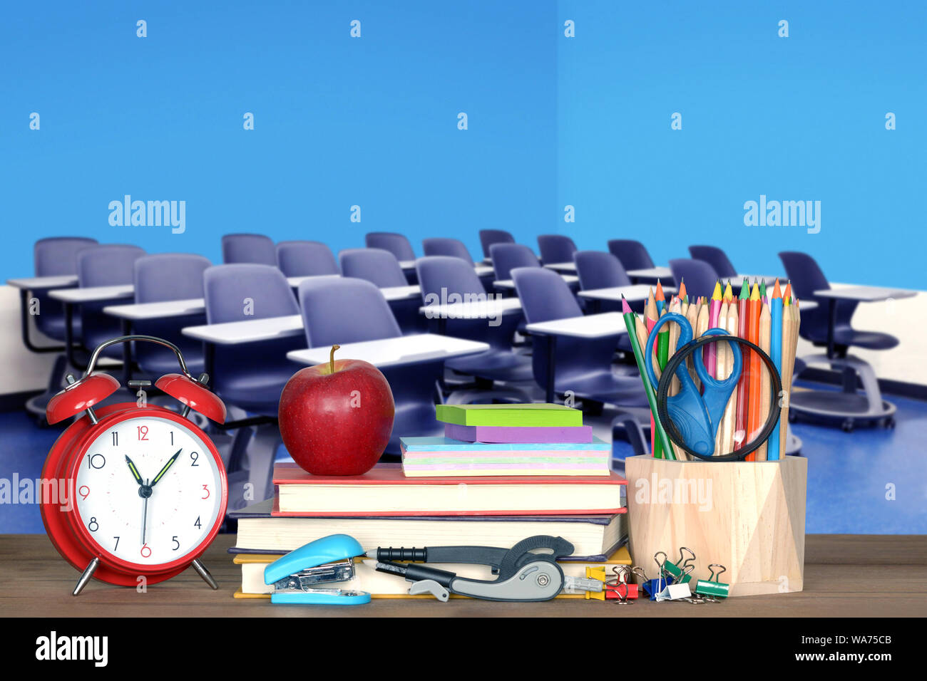 An empty classroom is ready for Back to School event (blurry background ...