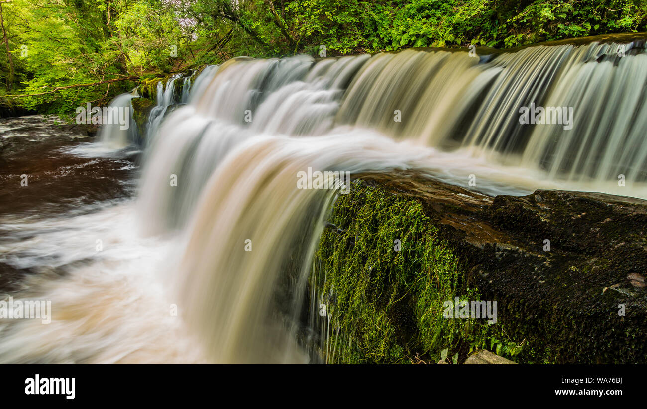 A scenic waterfall surrounded by forest in South Wales (Sgwd y Pannwr ...