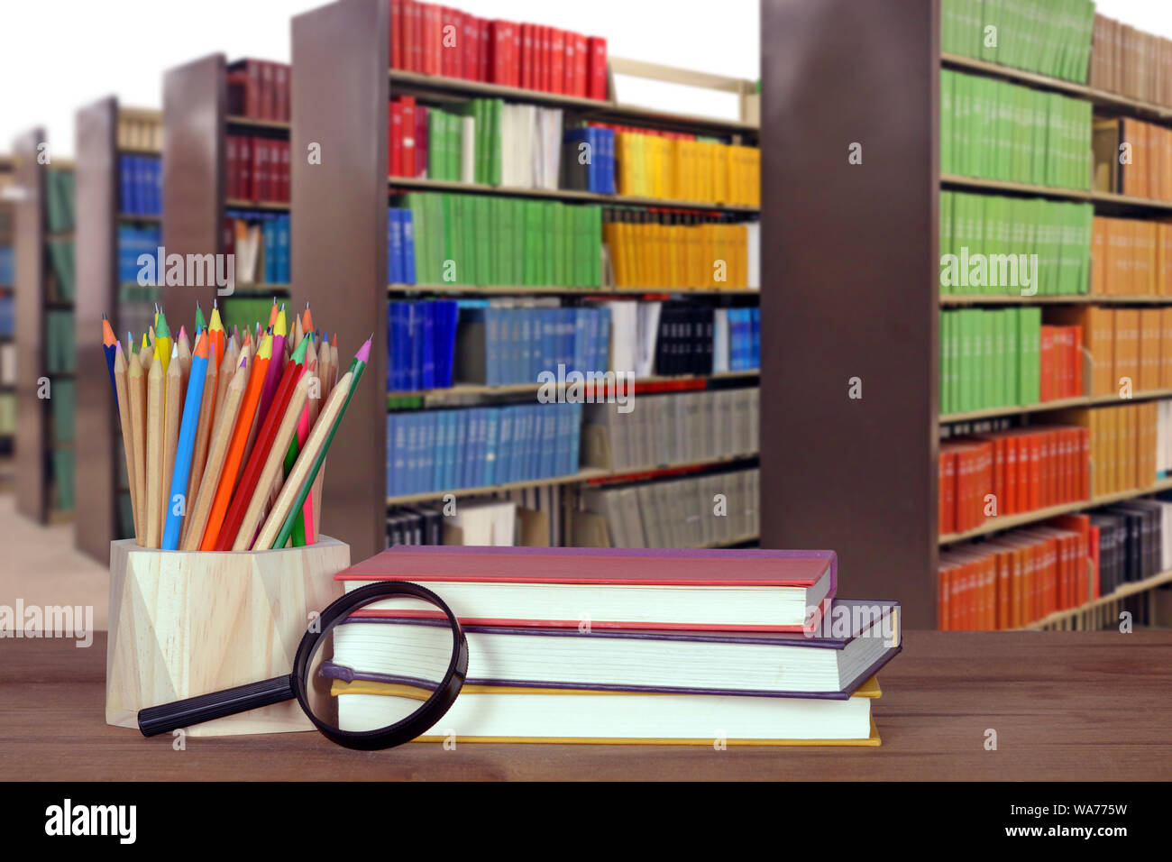 library, book, supply, and education concept Stock Photo - Alamy