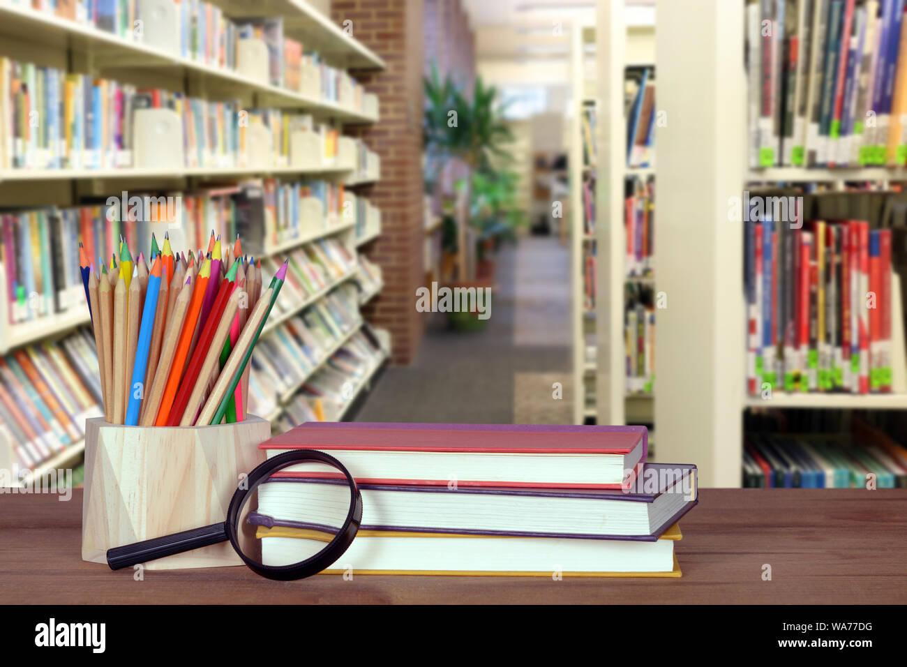 very blurry background of library with decoration of books and supply ...
