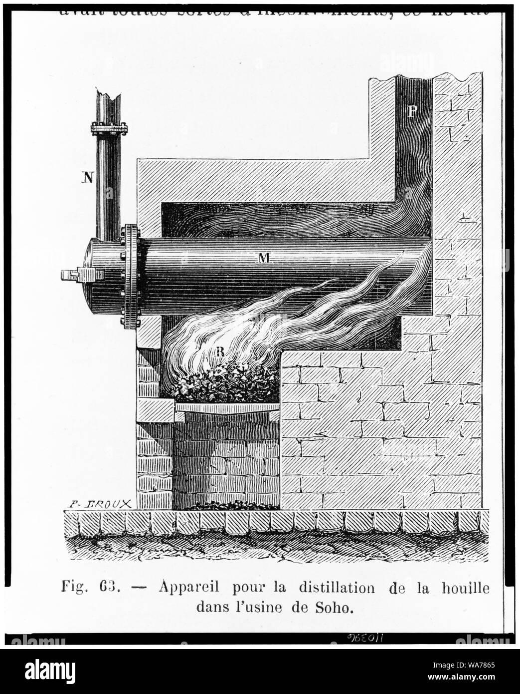 A kiln or furnace with fire heating coal in a retort to the point of ...