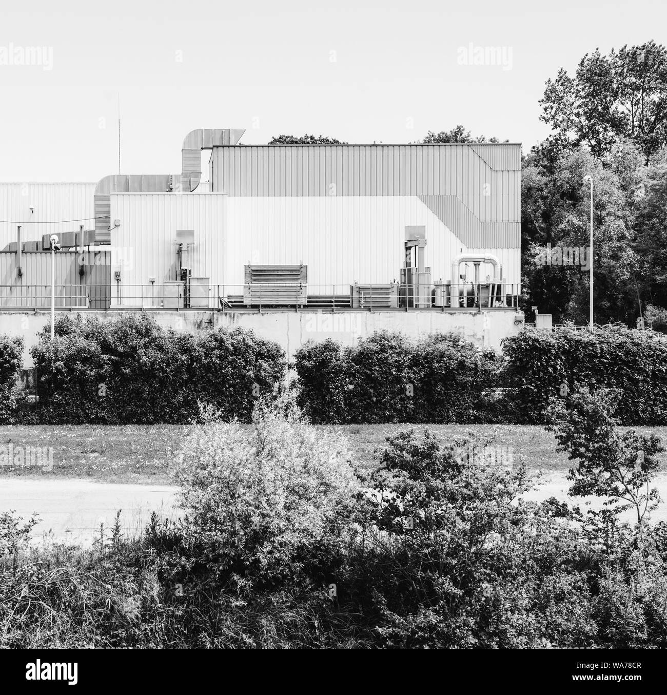 Old abandoned factory in the middle of the forest with multiple pipes ...