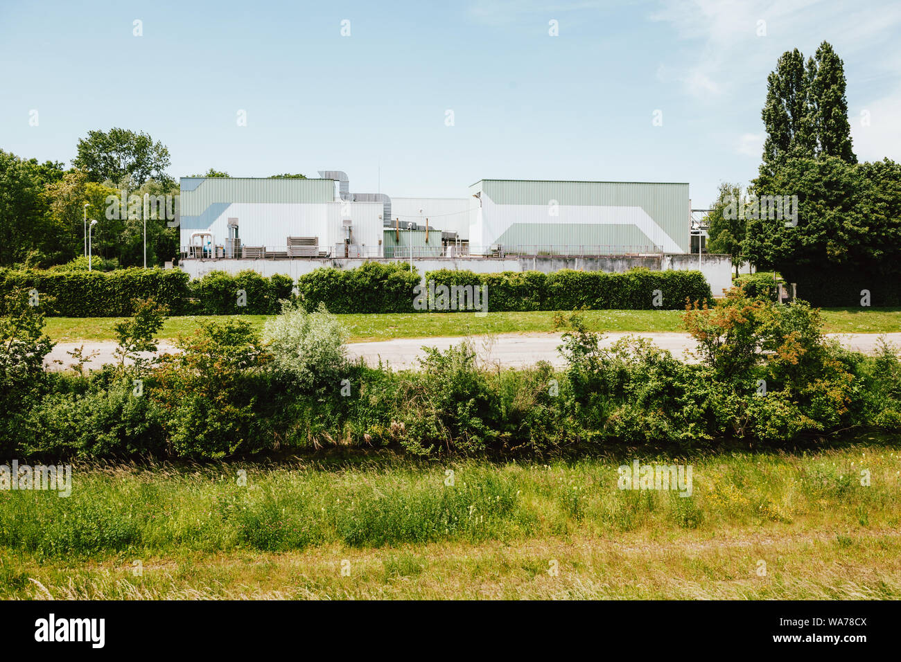 Old abandoned factory in the middle of the forest with multiple pipes ...