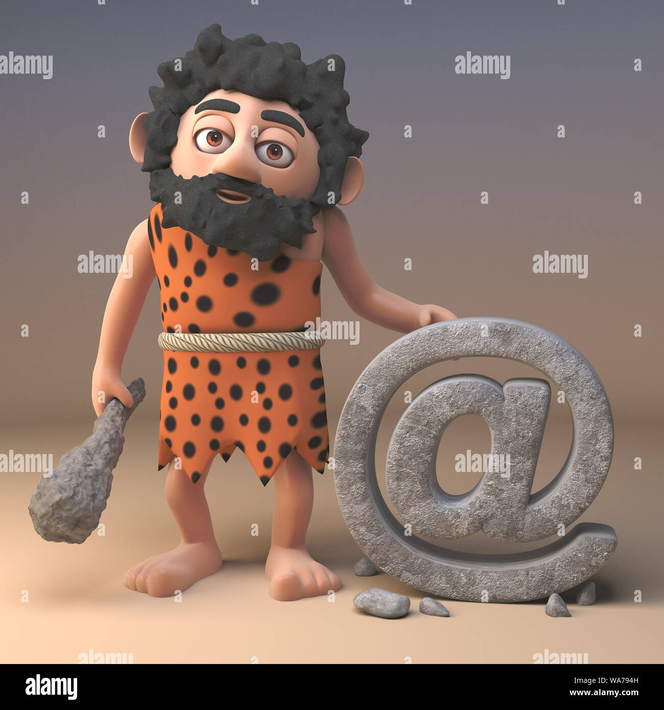 Clever 3d cartoon caveman character carves another email in stone, 3d ...