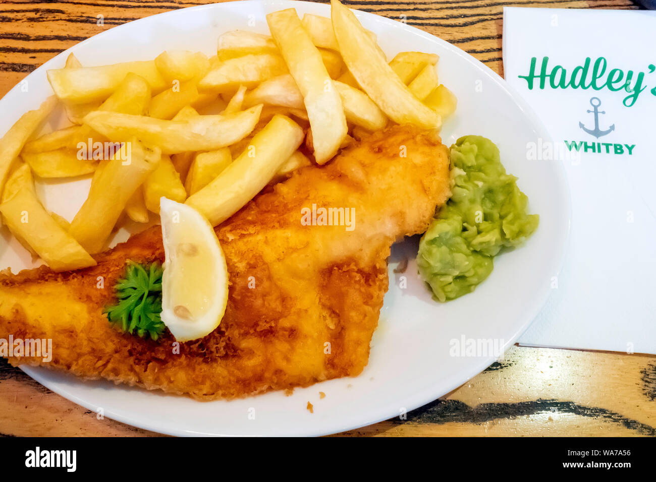 A Yorkshire Meal of Haddock, chips and mushy peas at Hadleys Cafe in ...