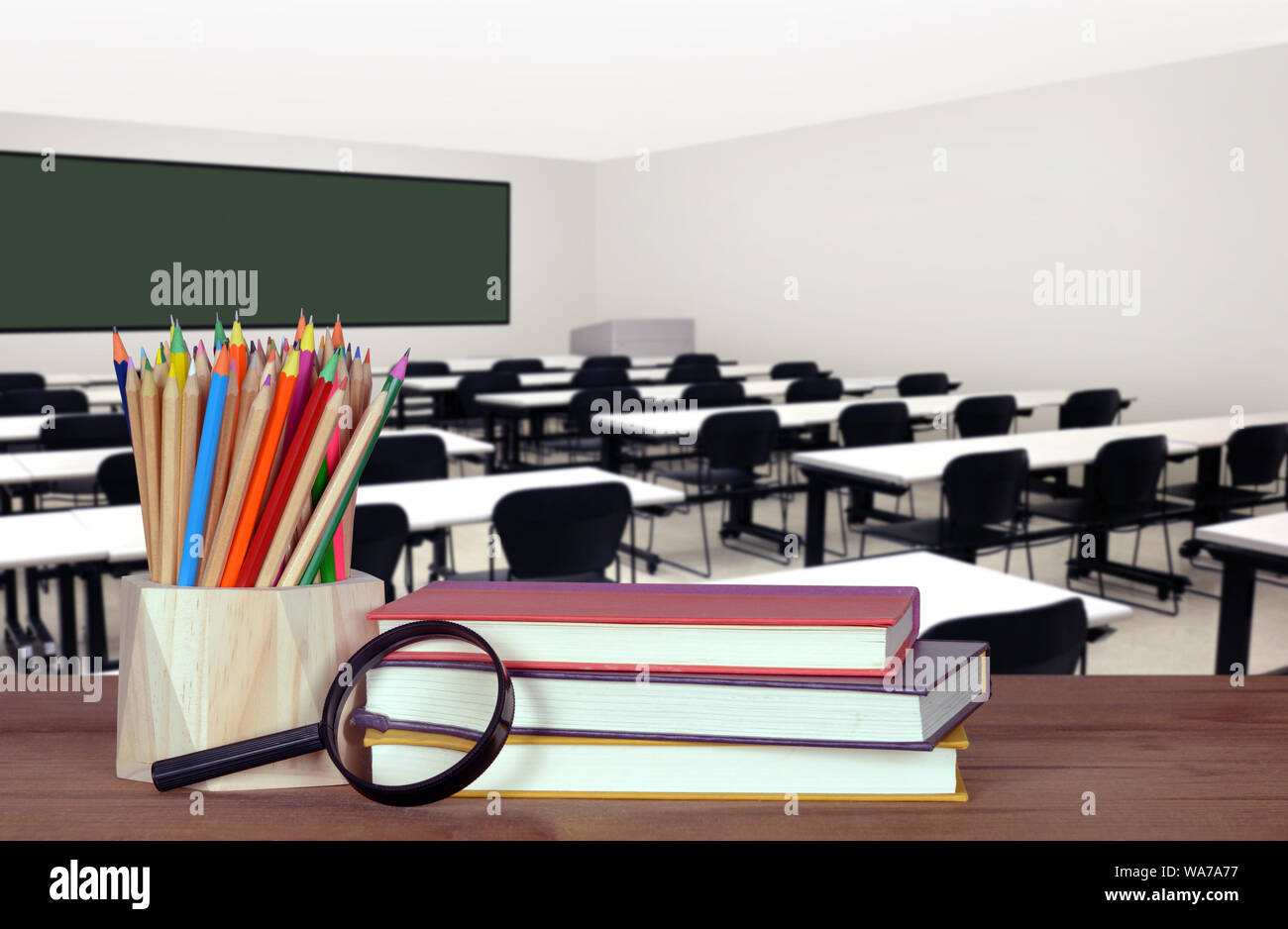 blurry empty classroom in school for back to school and education ...