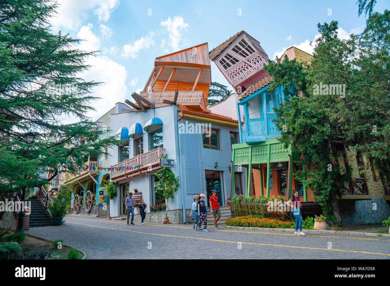 Tbilisi, Georgia - 29.07.2019: Tilting houses on Mtatsminda mountain at ...