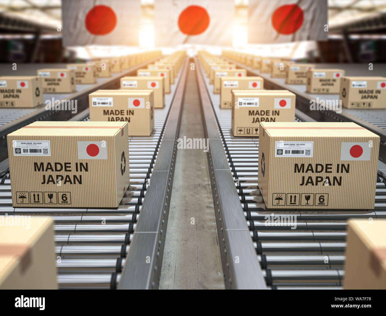 Made in Japan. Cardboard boxes with text made in Japan and chinese flag ...