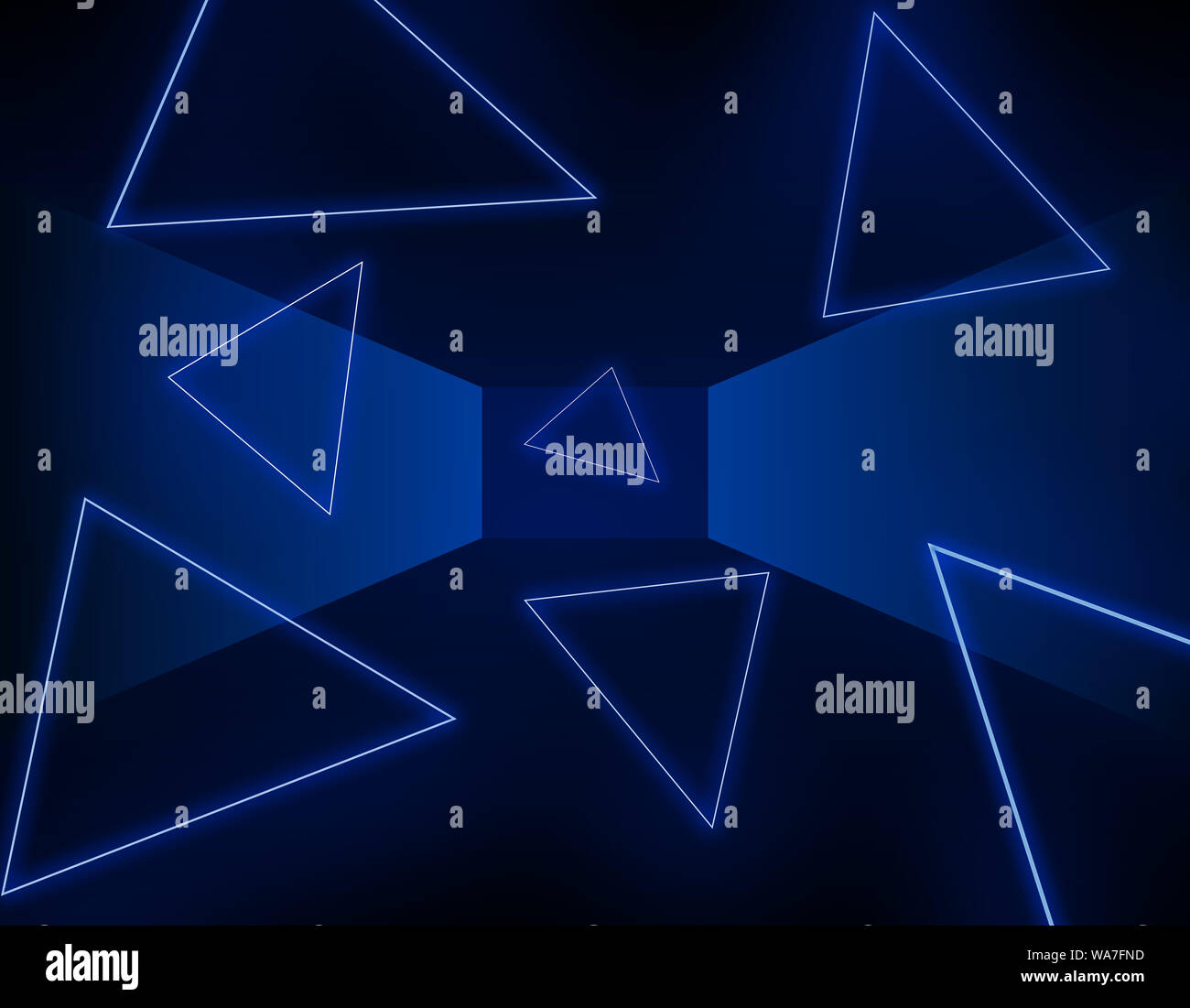 Blue dark abstract background with illuminated neon triangles, in the ...