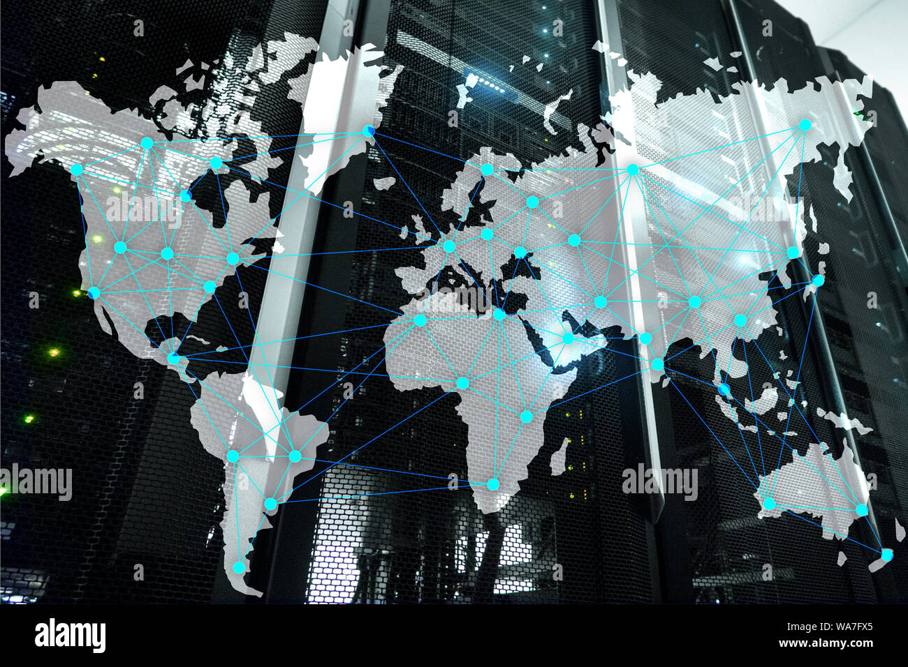 Internet and telecommunication concept with world map on server room ...