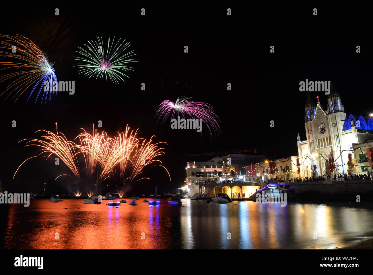 Fireworks display in Balluta Bay, Malta Stock Photo - Alamy