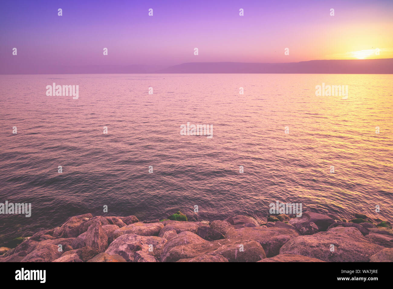 Beautiful Sea of Galilee in the early morning. The time before sunrise ...