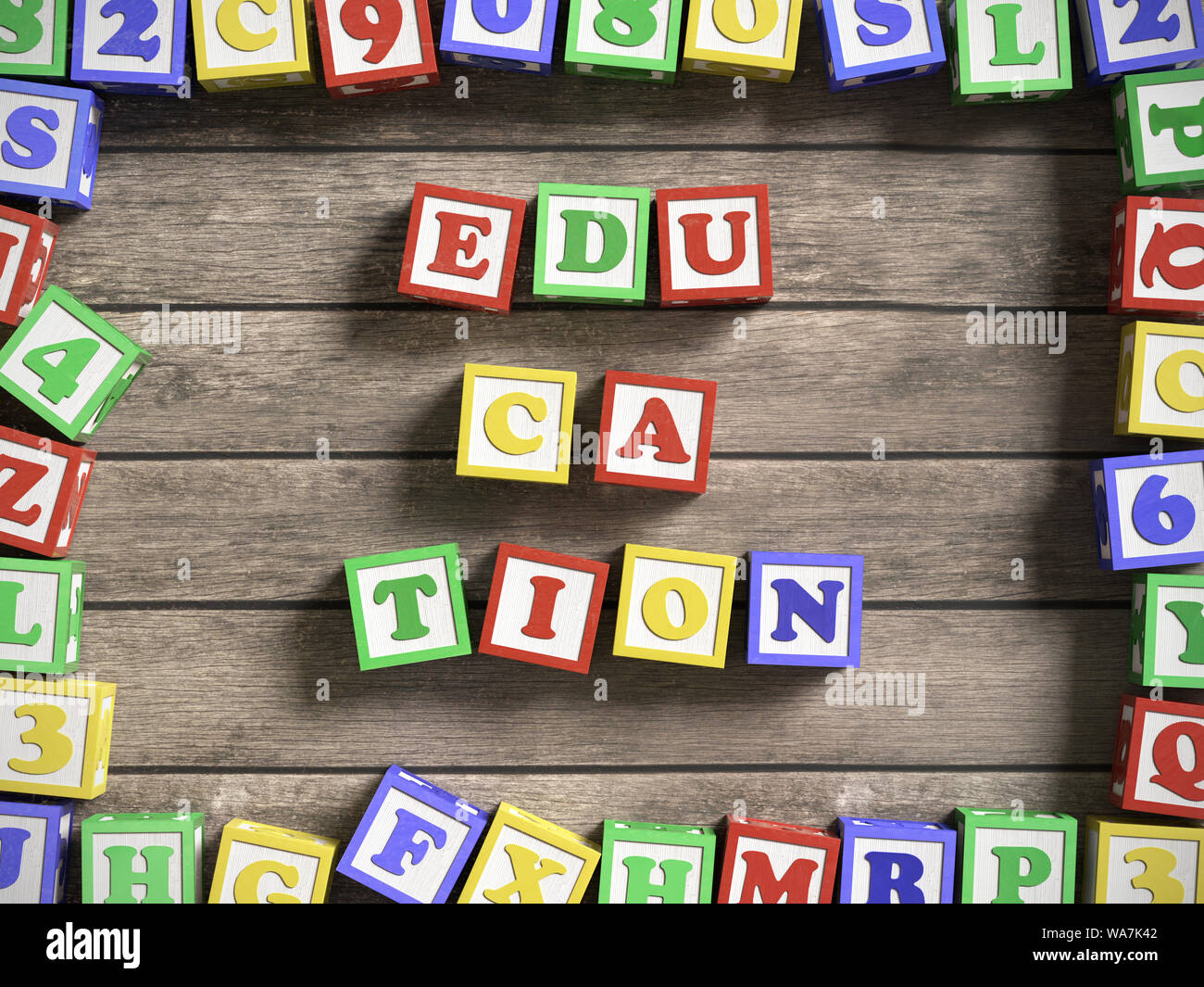 Wooden alphabet blocks arranged into Education text on wooden plank ...