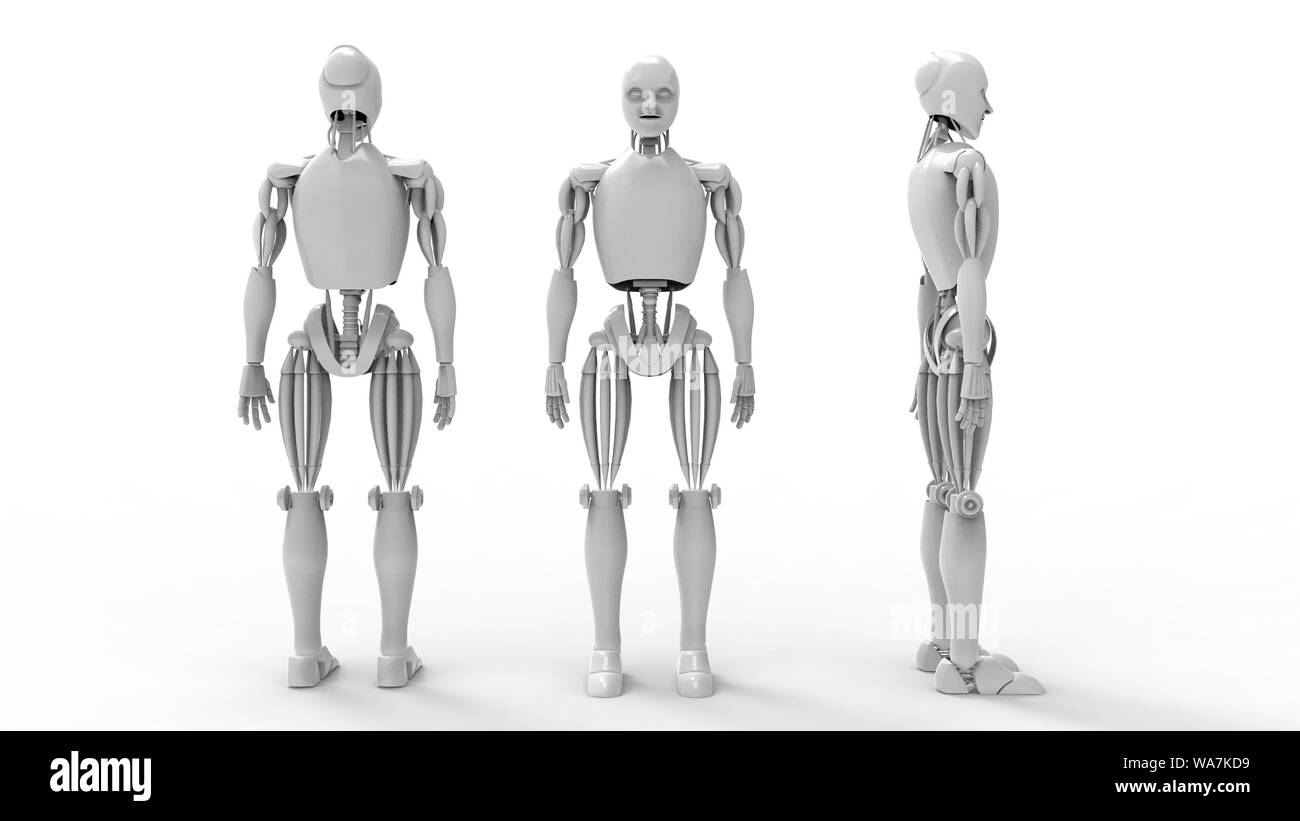 3D rendering of multiple views of a human robot isolated in white ...