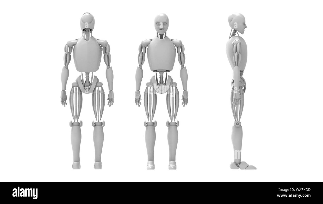 3D rendering of multiple views of a human robot isolated in white ...