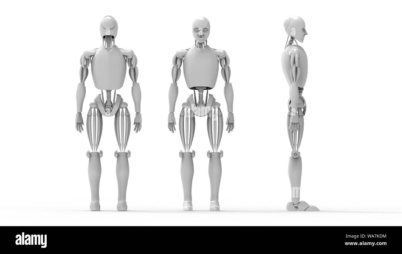 3D rendering of multiple views of a human robot isolated in white ...