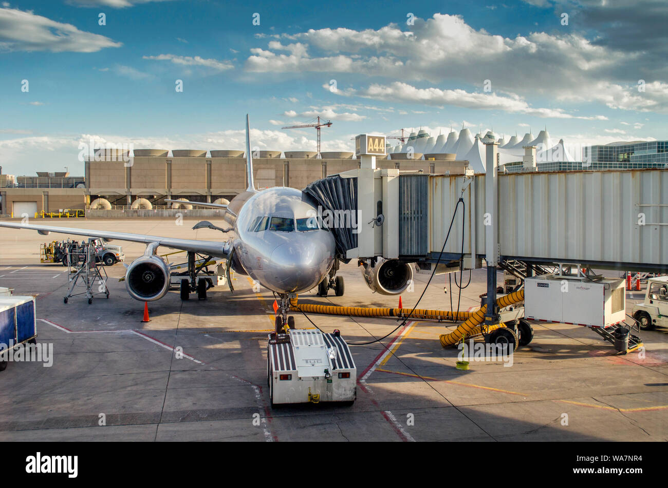 a commercial airplane in pre-flight mode, boarding, checks and fuel are ...