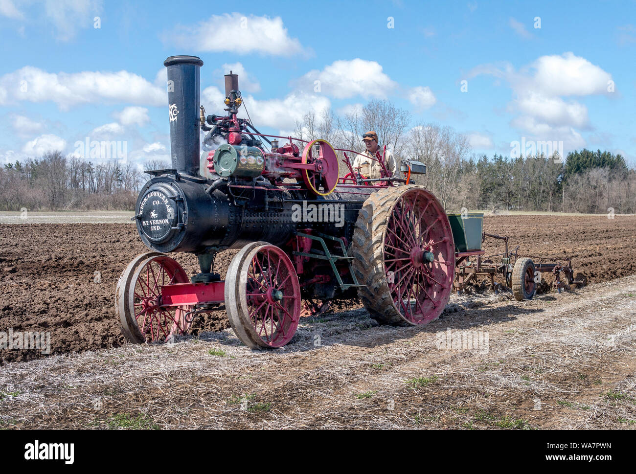April 28 2018 Buchanan MI USA; antique steam tractor demonstrates how ...