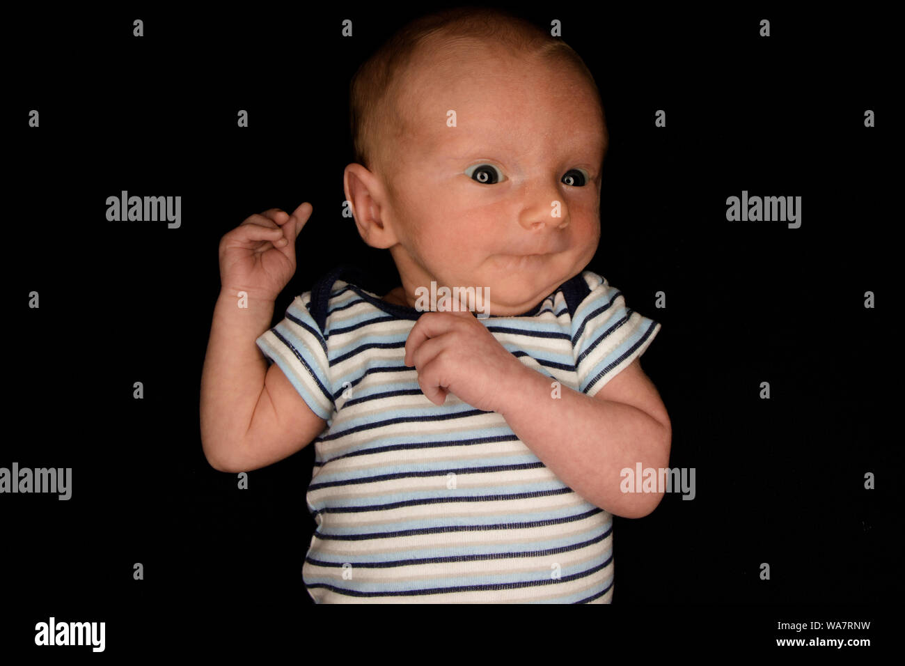 A 3 Week Old Baby Poses on a Black Background. Perfect for Memes with ...
