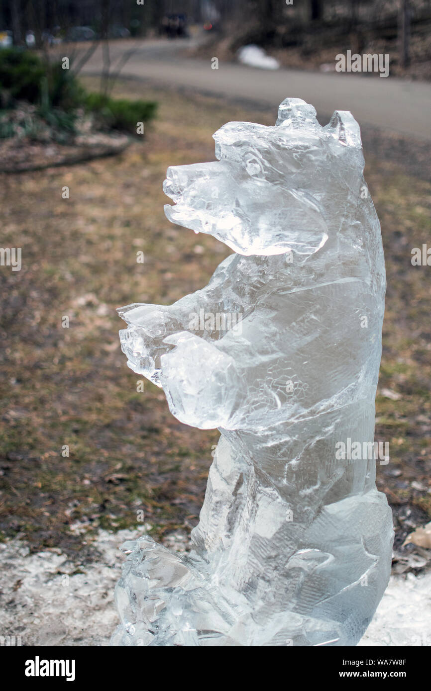An ice sculpture of a frozen bear stands in an Indiana woods after a ...