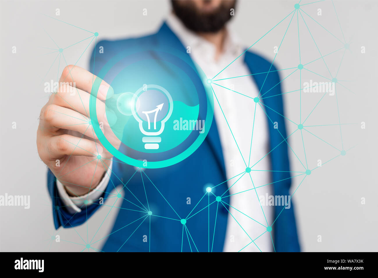 Male human wear formal work suit presenting presentation using smart ...
