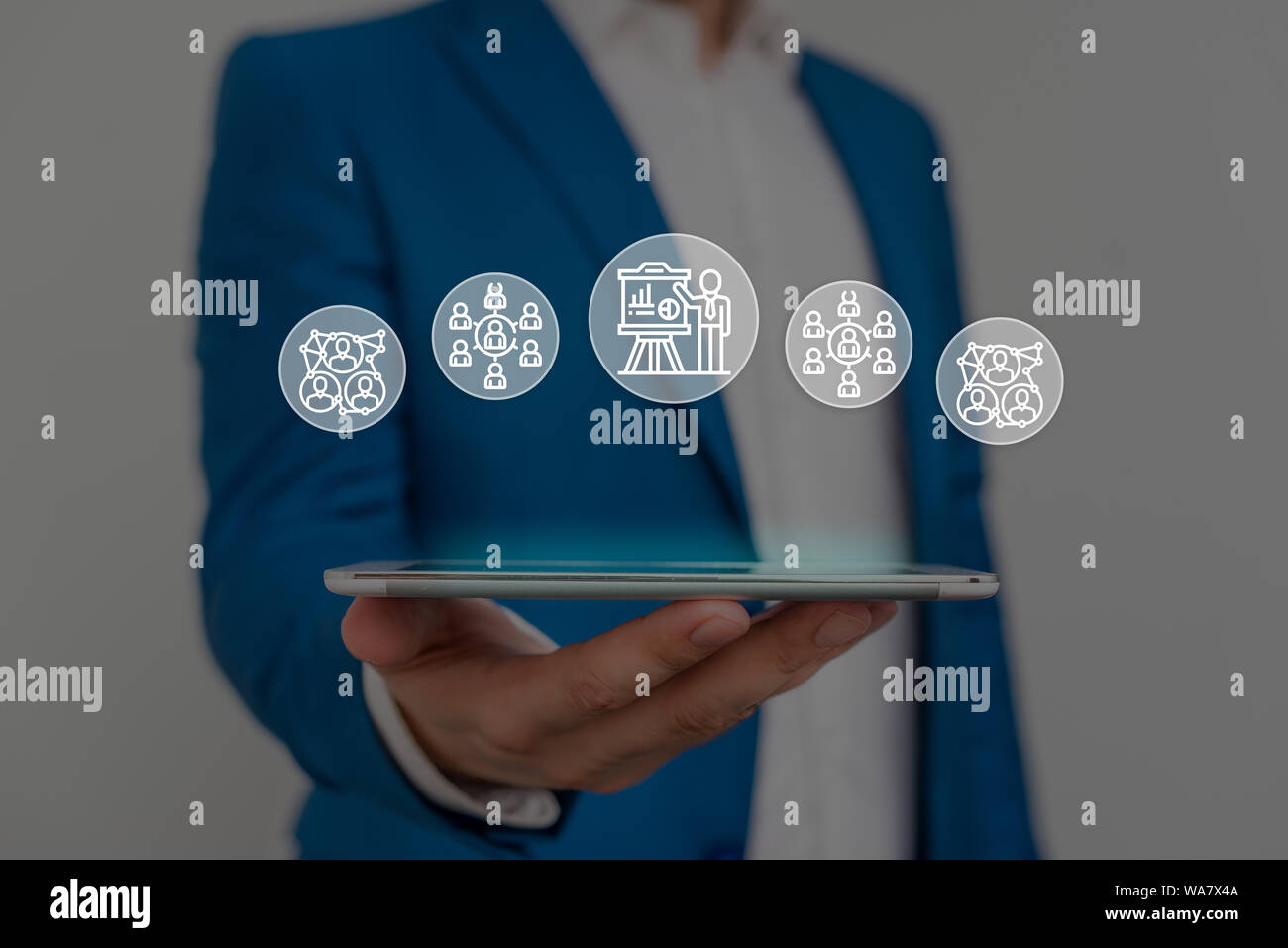 Male human wear formal work suit presenting presentation using smart ...