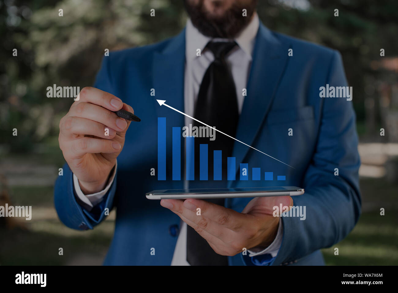 Male human wear formal work suit presenting presentation using smart ...