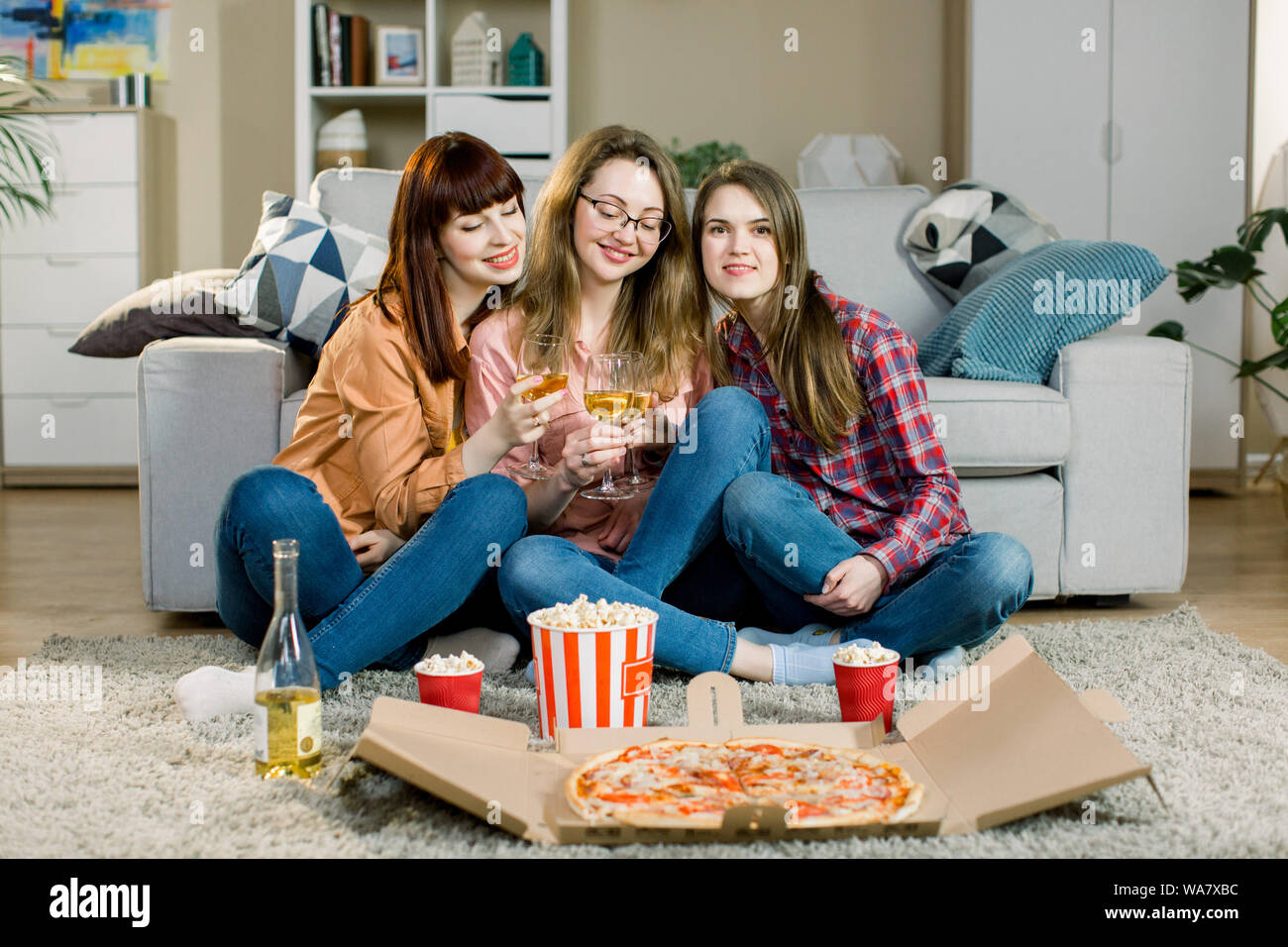 Special event. Fast food delivery service. Three young ladies in casual ...