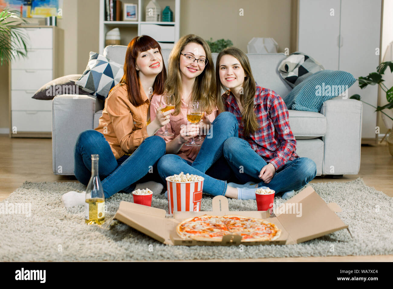 Special event. Fast food delivery service. Three young ladies in casual ...