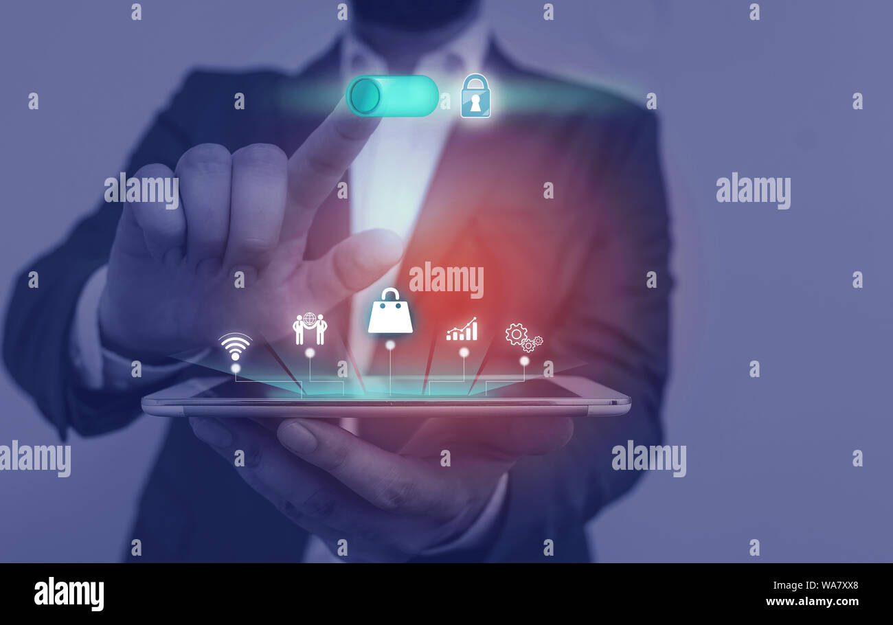 Male human wear formal work suit presenting presentation using smart ...