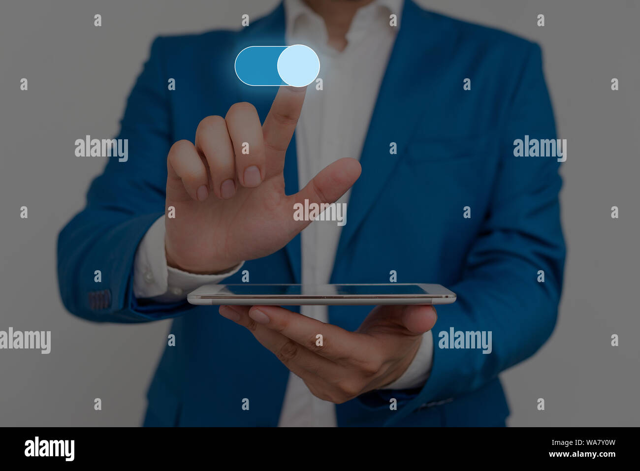Male human wear formal work suit presenting presentation using smart ...
