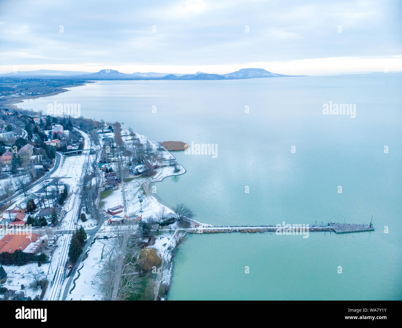 Aerial winter sunset landscape from Hungarian village Balatongyorok ...