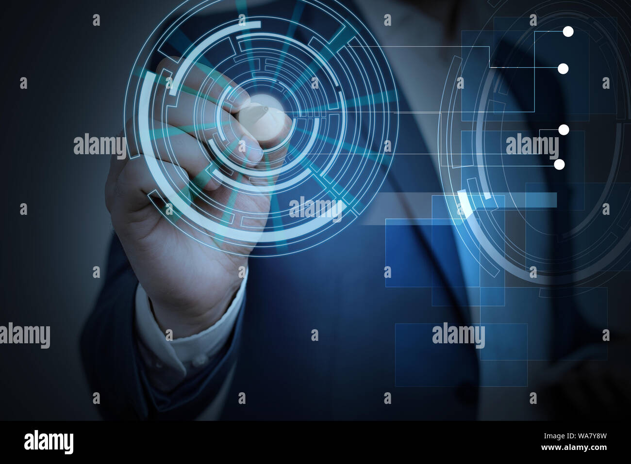 Male human wear formal work suit presenting presentation using smart ...