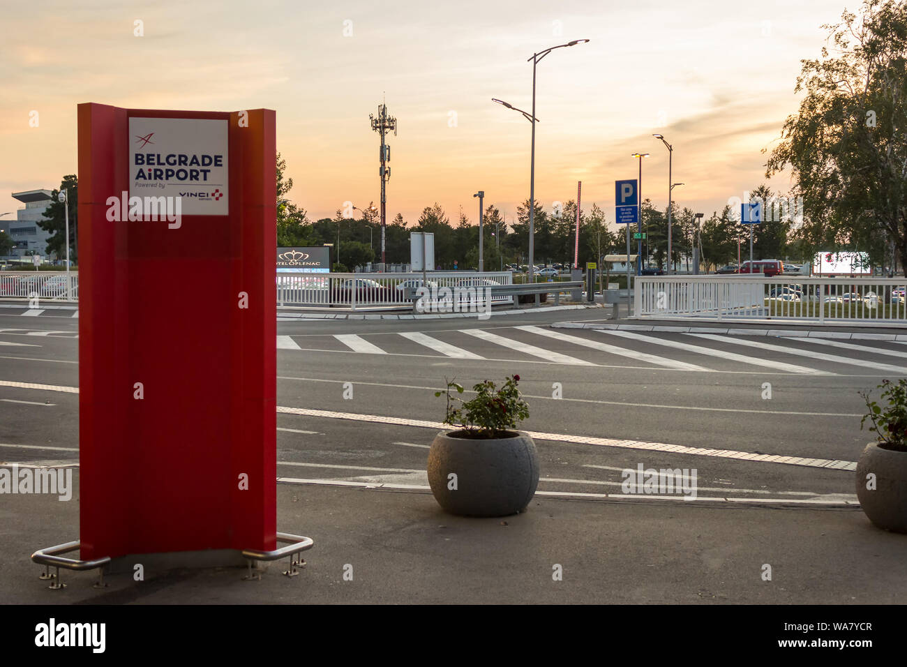 Belgrade airport Nikola Tesla sign outside of main building during ...