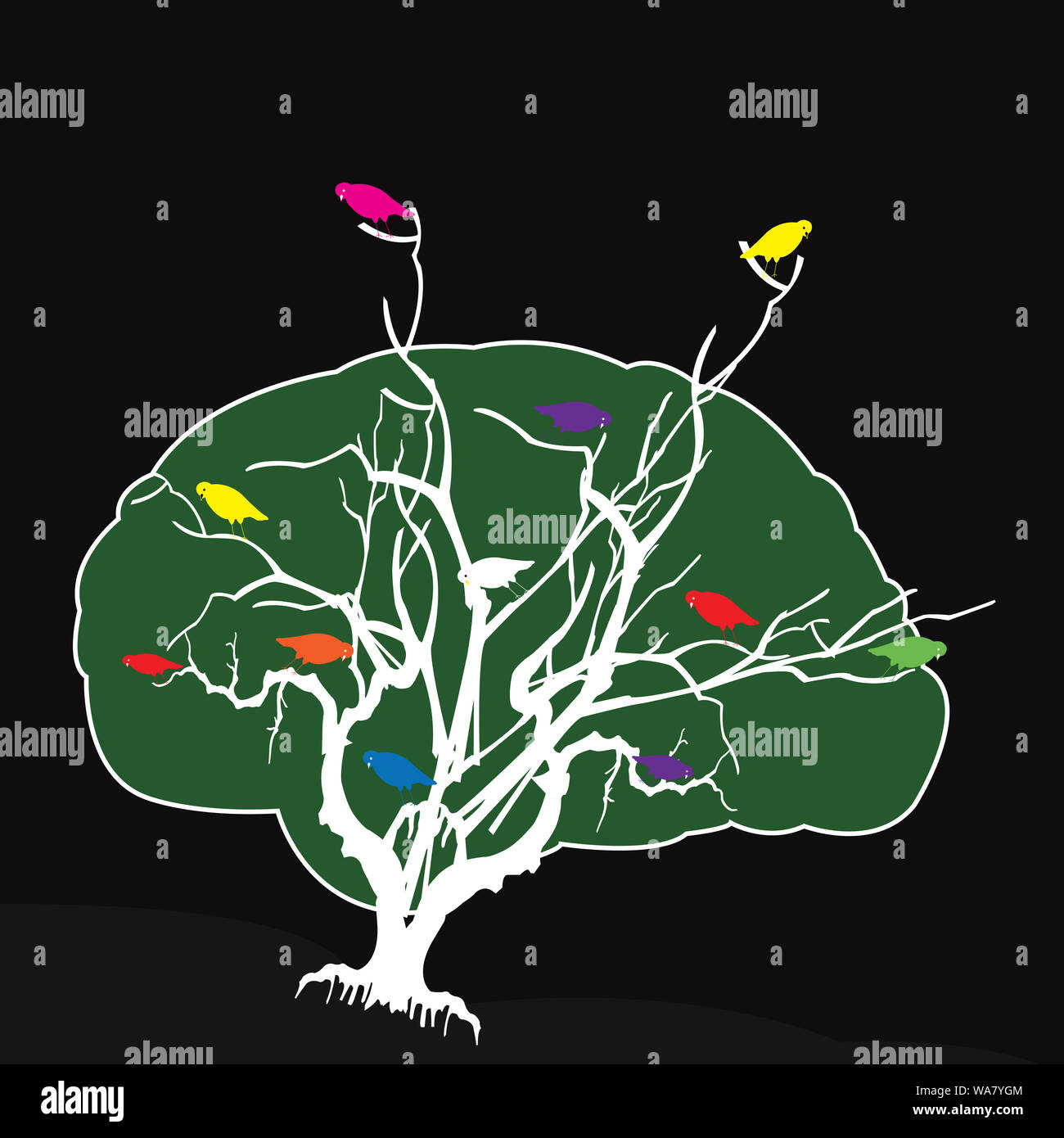 illustration of a tree with foliage as brain and colorful birds in it ...