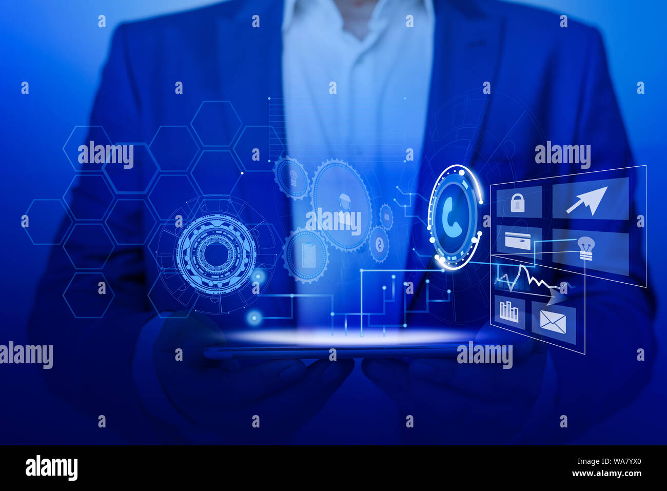 Male human wear formal work suit presenting presentation using smart ...