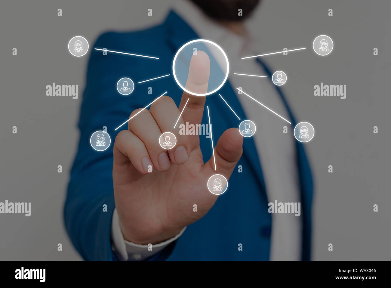 Male human wear formal work suit presenting presentation using smart ...