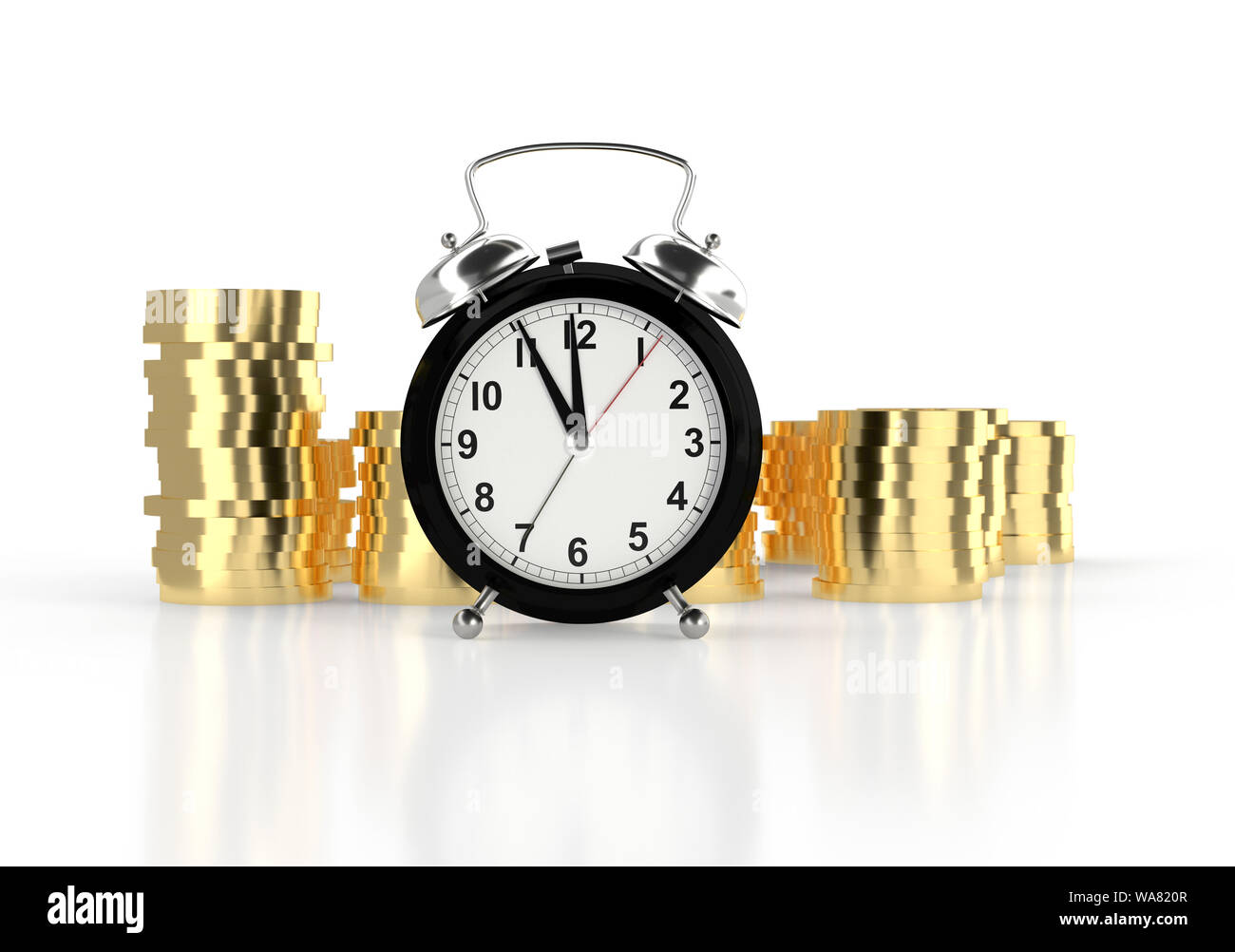 alarm clock and stacks of golden coins. White background. Time is money ...