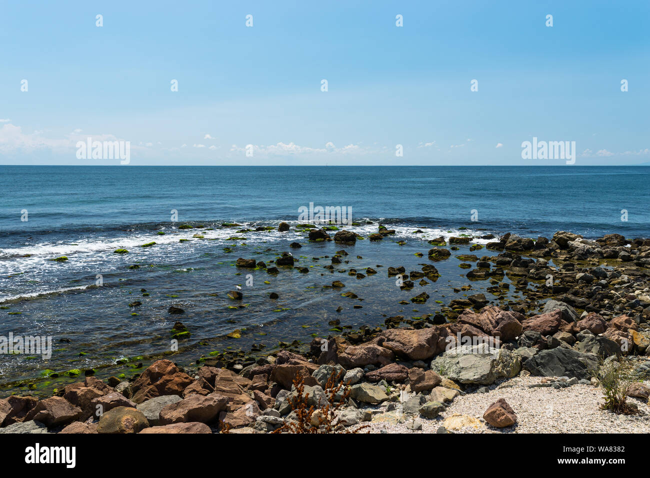Rocky shore over the beautiful Black Sea, in Nessebar, Bulgaria. In the ...